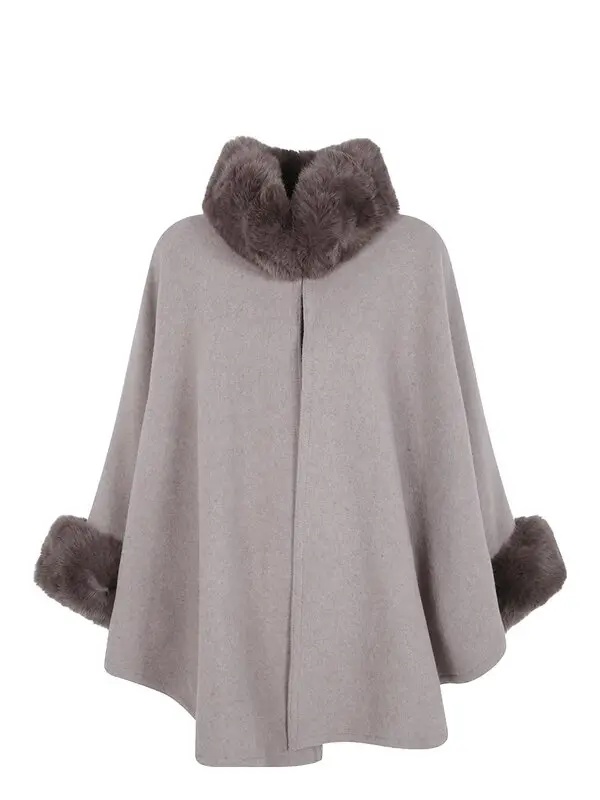 TWINSET Faux Fur Trimmed High Collar Cape - Gray