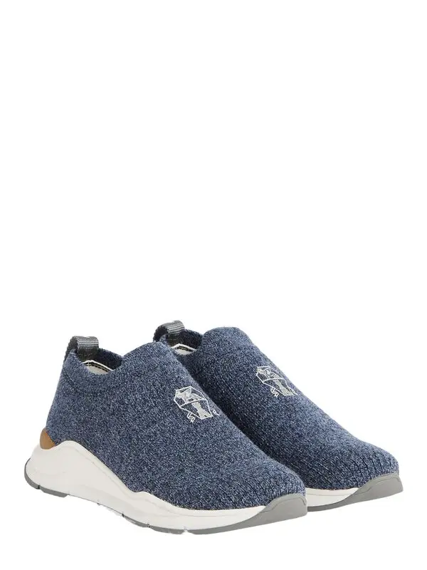 Brunello Cucinelli Techno Cotton Knit Slip-on Runners - Denim