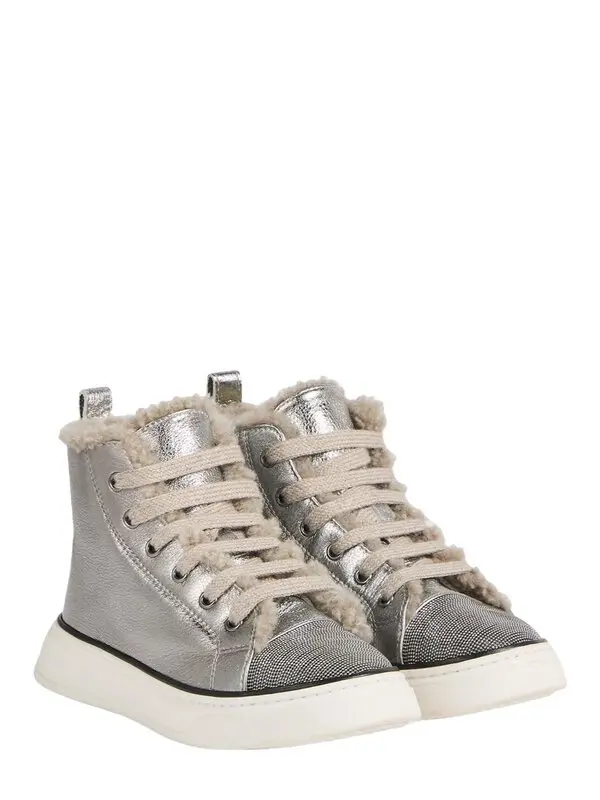 Brunello Cucinelli Monili-detail Shearling Trim High Top Sneakers - Silver