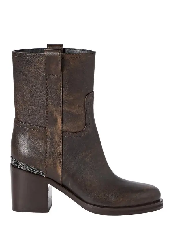 Brunello Cucinelli Leather Ankle Boots With Embellished Detail - Rust-brown