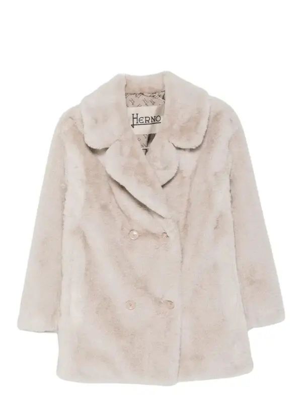 Herno Double-breasted Faux Fur Coat With Notched Lapel - Beige