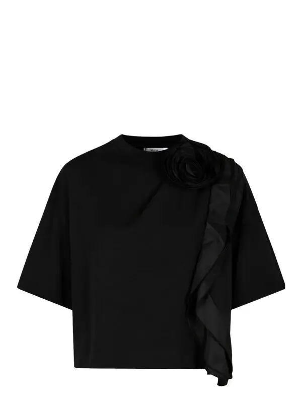 Max Mara Frilly Jersey T-shirt With Rose Embellishment - Black