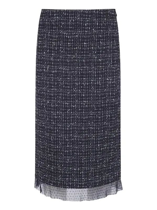 TWINSET Textured Plaid Midi Skirt With Layered Mesh Hem - Black