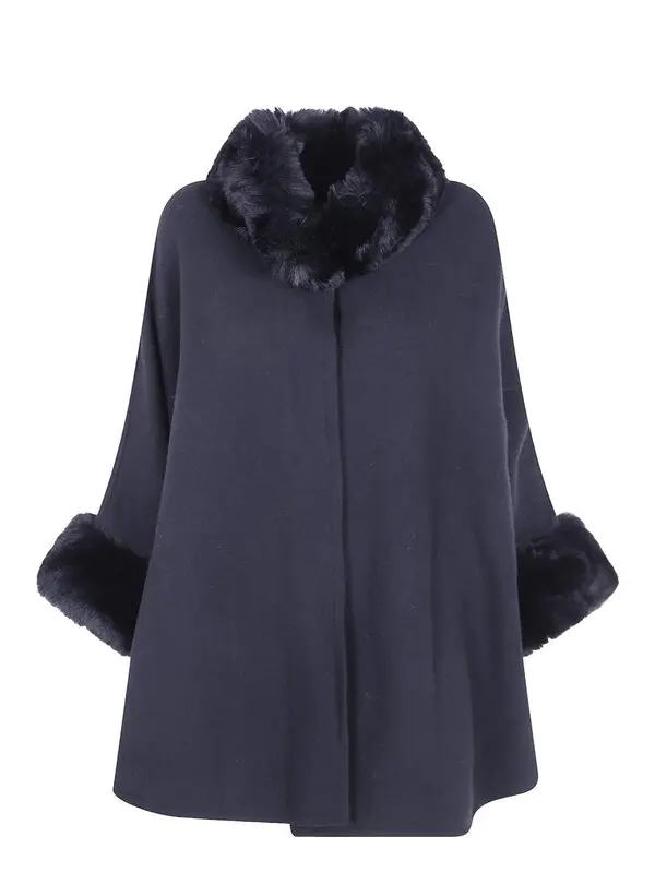TWINSET Faux Fur Trimmed High Collar Cape Coat - Black