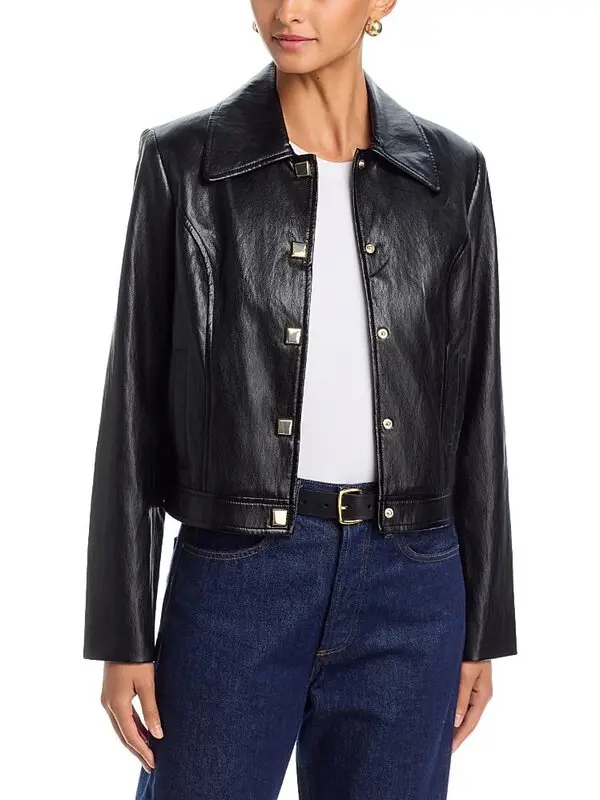 T Tahari Faux Leather Snap Front Jacket - Black