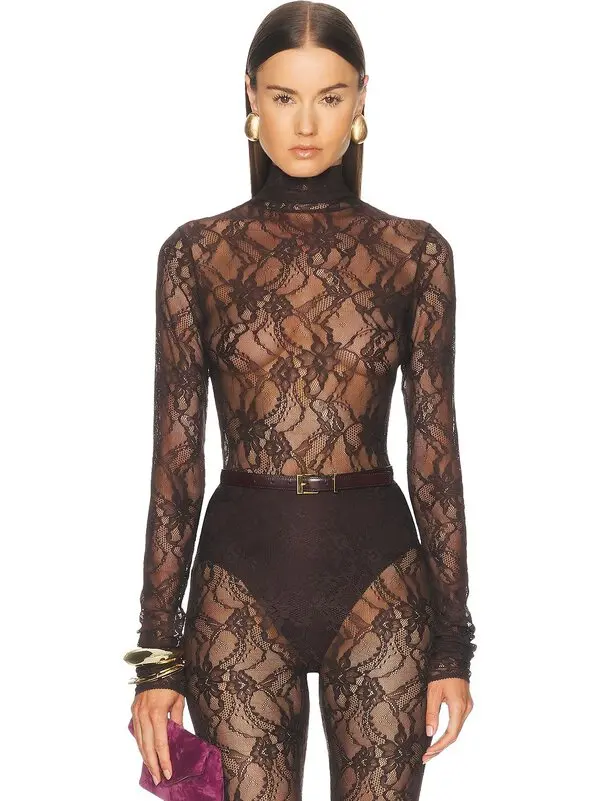 Andamane Ziggy Lace Turtleneck Bodysuit - Dark Brown