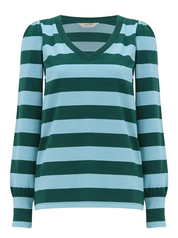 SUGARHILL BRIGHTON Pamela V-neck Jersey Top With Striped Design And Ribbed Cuffs - Blue