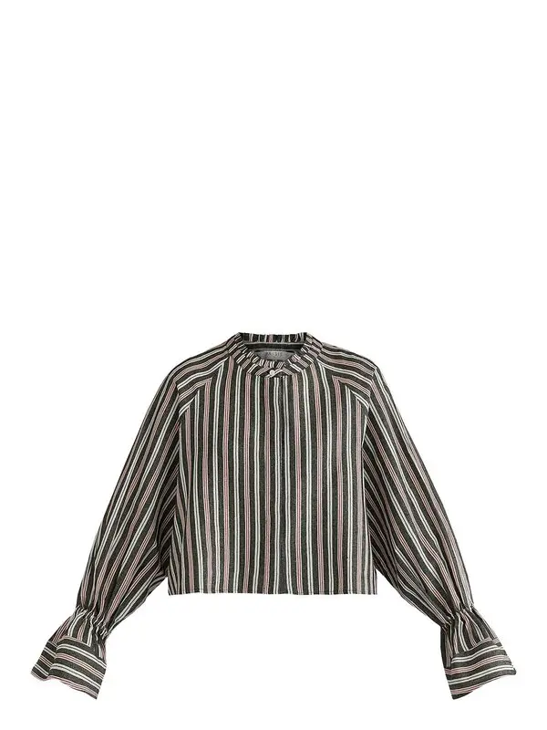 PAISIE Ruffle Neck Stripe Blouse With Cuffed Raglan Sleeves - Black