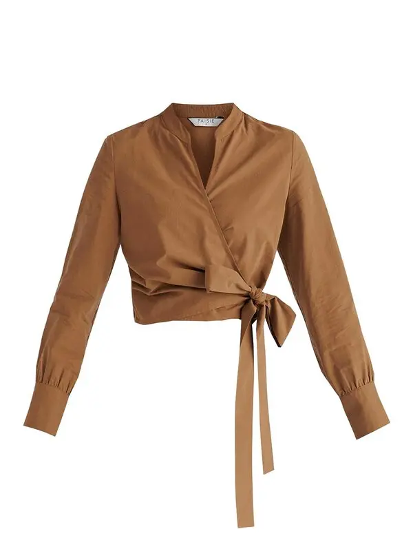 PAISIE Split Collarless Wrap Top With Side-tie Waist - Brown
