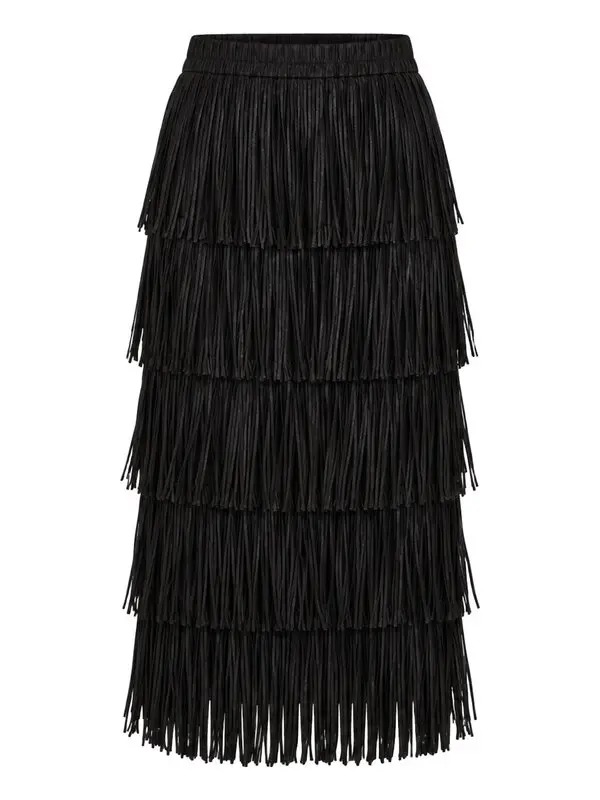 TRAFFIC PEOPLE Tiered Fringe Midi Skirt - Black