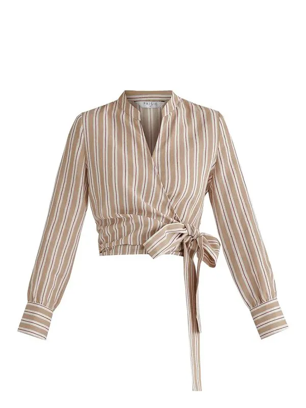 PAISIE Striped Wrap Top With Side-tie Waist - Beige