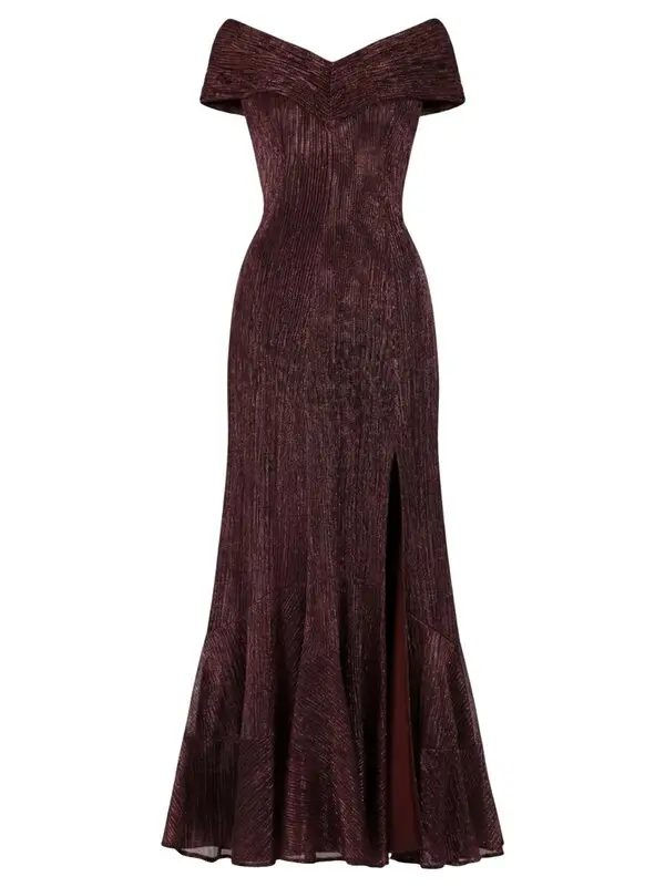 LUNA FASHION HOUSE Burgundy Off-shoulder Metallic Pleated Gown With Fishtail Hem - Red