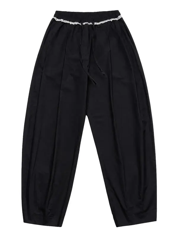 ALAS Name Silk Cotton Barrel Leg Pants With Lace Trim - Black