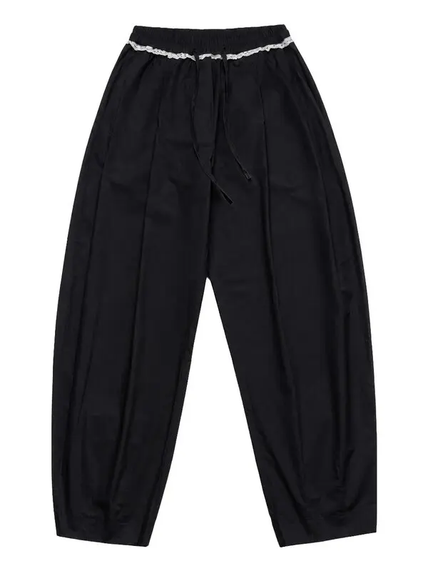 ALAS Name Silk Cotton Barrel Leg Pants With Lace Trim - Black