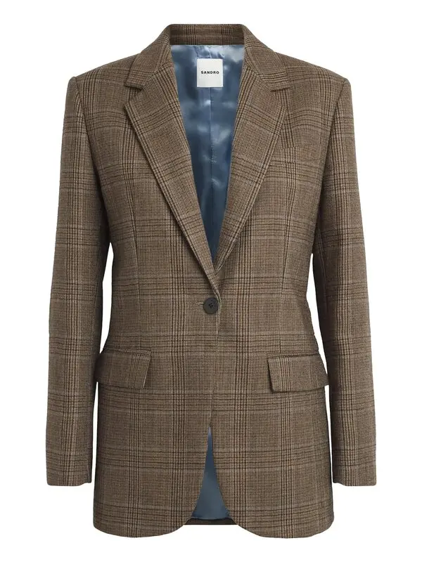 Sandro Wool Blend Checked Blazer - Brown