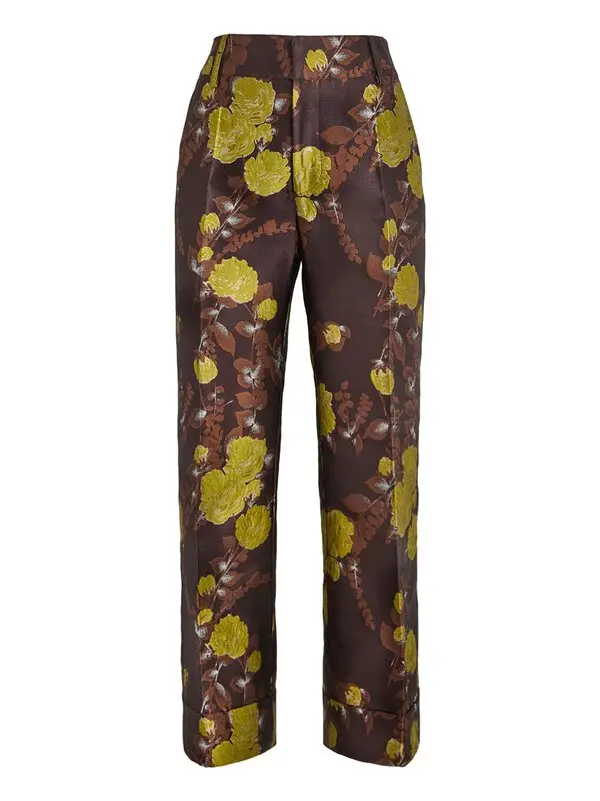 La DoubleJ Floral Jacquard Lurex Cropped Trousers - Brown