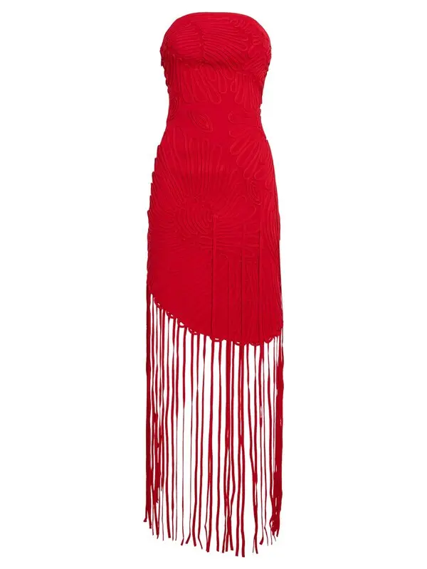 Cult Gaia Embroidered Strapless Maxi Dress With Fringe - Red