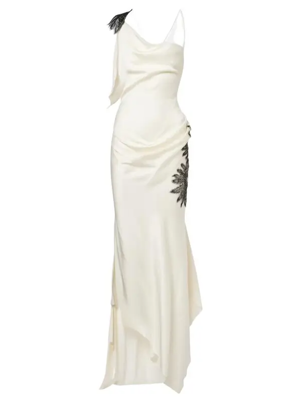 Victoria Beckham Sleeveless Floral Appliqué Draped Satin Crêpe Gown - White