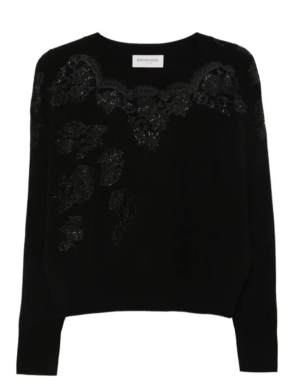 ERMANNO FIRENZE Sequin And Lace Embellished Crew Neck Sweater - Black