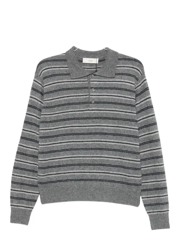 DUNST Striped Knit Polo Shirt - Grey