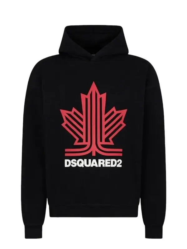 Dsquared2 Cotton Jersey Hooded Sweatshirt With Maple Leaf Print - Black