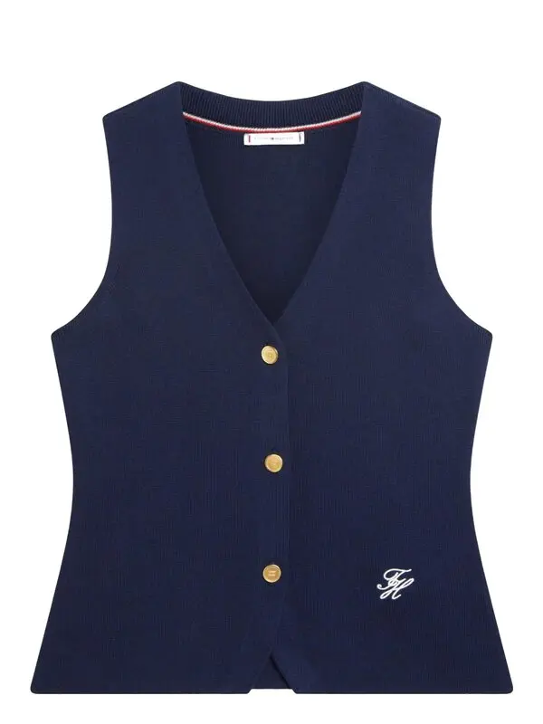 Tommy Hilfiger V-neck Knit Waistcoat With Goldtone Buttons - Blue