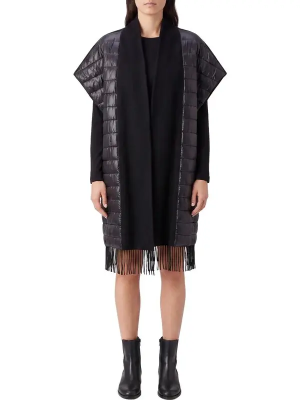 Herno Long Padded Vest In Wool And Cashmere With Shawl Collar And Fringed Hem - Black