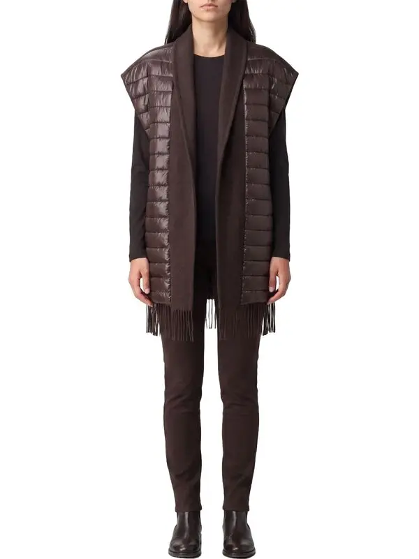 Herno Long Padded Vest In Wool And Cashmere With Shawl Collar And Fringed Hem - Brown