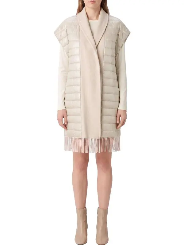 Herno Long Padded Vest In Wool And Cashmere With Shawl Collar And Fringed Hem - Pink