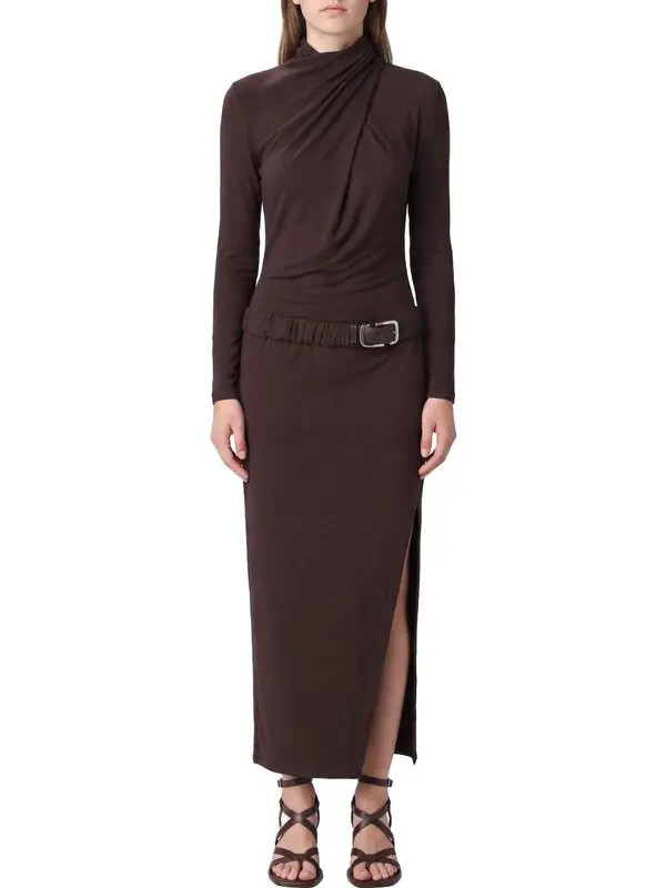 Attico High-neck Stretch-jersey Midi Sheath Dress With Side Slit - Brown