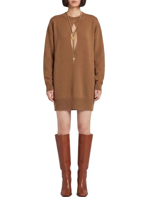 Elisabetta Franchi Jewelled Cut-out Knit Mini Dress - Brown