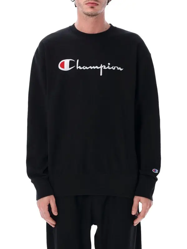 Champion Crewneck Cotton Sweatshirt With Contrast Logo And Dropped Shoulders - Black
