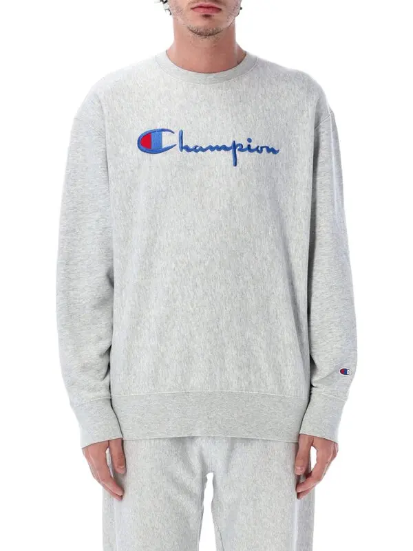 Champion Crewneck Cotton Sweatshirt With Contrast Logo And Dropped Shoulders - Grey
