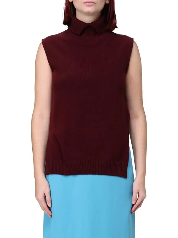 JIL SANDER Sleeveless Wool Knit Polo Neck Top - Cherry