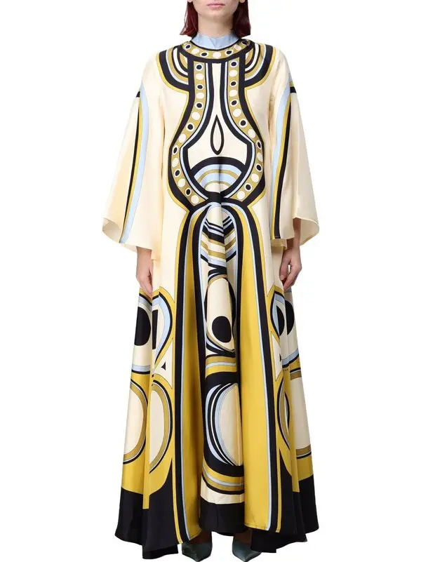 La DoubleJ Magnifico High-neck Ethnic Print Silk Long Tunic Gown - Ivory