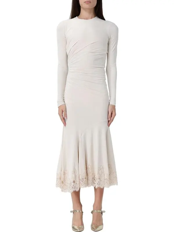 Alberta Ferretti Draped Velvet Midi Sheath Dress With Lace Inserts - Ivory