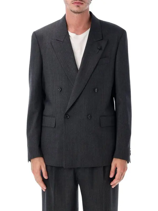 LARDINI Double-breasted Stretch Virgin Wool Blazer With Peak Lapels - Grey