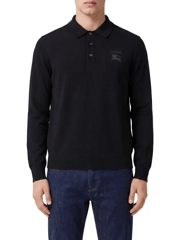 Burberry Long-sleeved Knitted Wool Polo With Equestrian Knight Design - Black