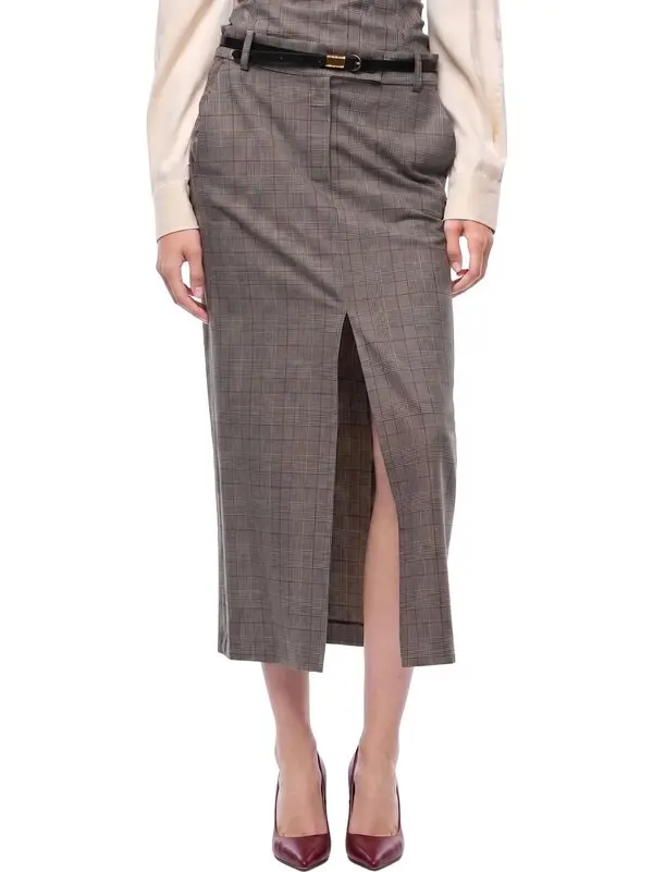 Pinko Prince Of Wales Check Wool Blend Midi Pencil Skirt With Front Slit - Grey