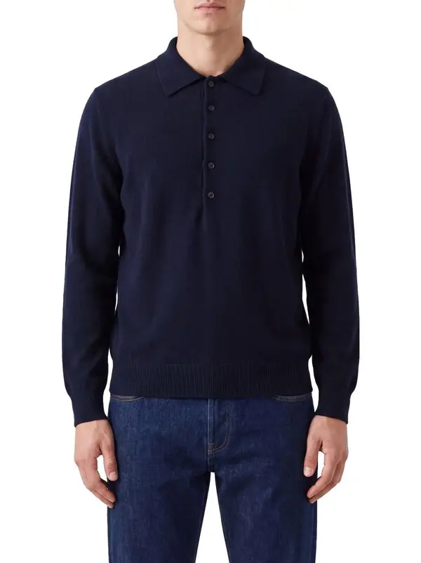 Dries Van Noten Long-sleeved Knitted Polo In Pure Merino Wool - Navy