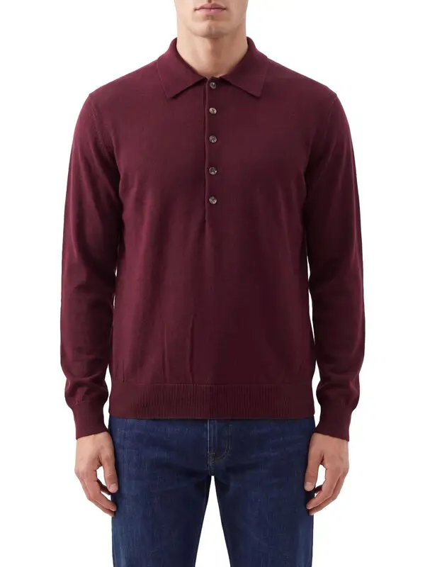 Dries Van Noten Long-sleeved Knitted Polo In Pure Merino Wool - Wine