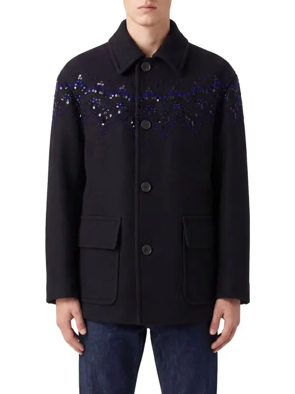 Dries Van Noten Single-breasted Sequin Appliqué Wool Blend Coat - Black