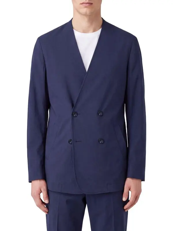 Emporio Armani Double-breasted Pure Virgin Wool Blazer With Slit Pockets - Blue