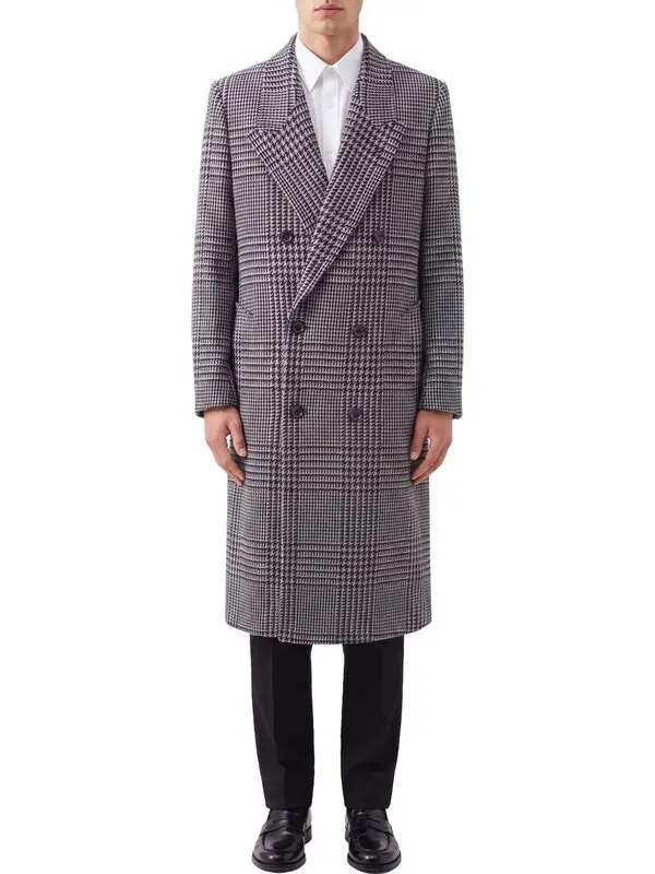 Emporio Armani Long Double-breasted Virgin Wool Coat With Houndstooth Pattern - Grey