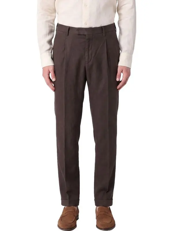 PT TORINO Pleated Slim Fit Chino Trousers In Stretch Cotton - Brown