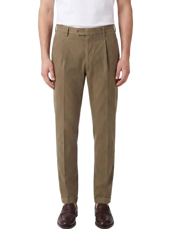 PT TORINO Pleated Slim Fit Chino Trousers In Stretch Cotton - Green