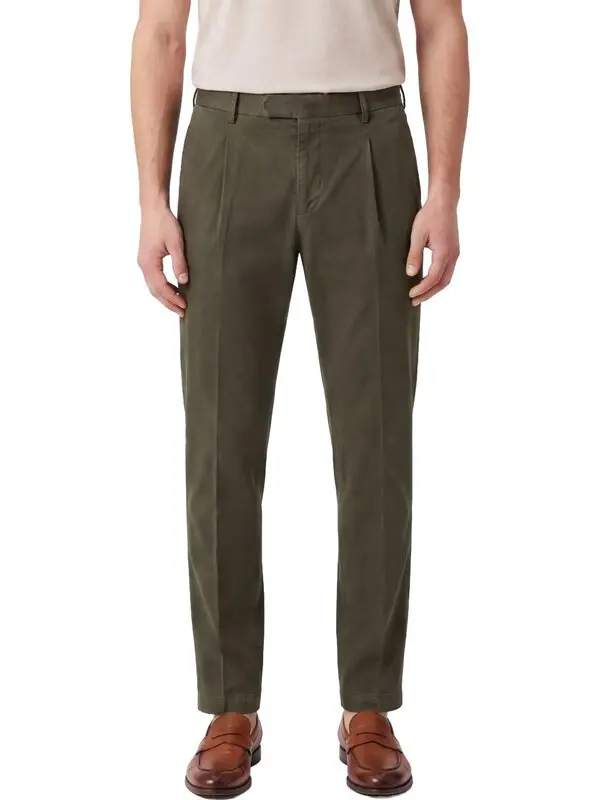 PT TORINO Pleated Slim Fit Tailored Trousers In Stretch Cotton - Green
