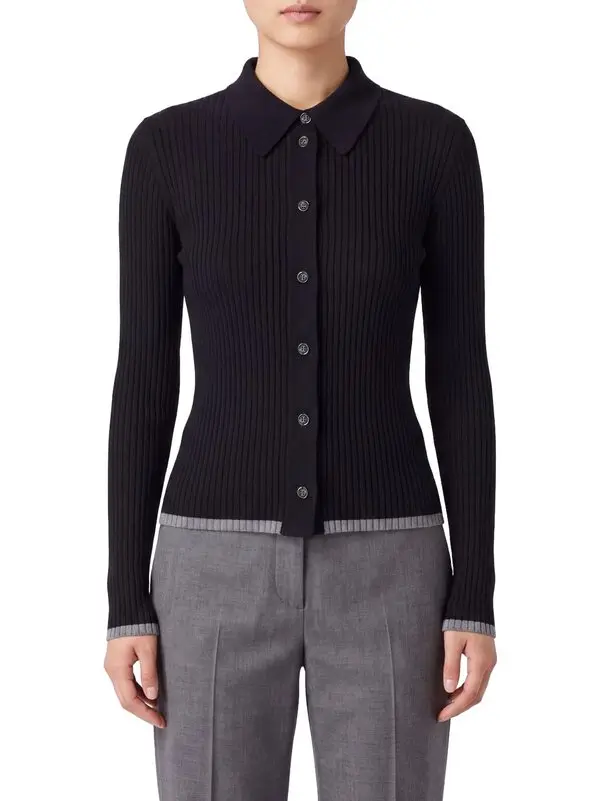 ROBERTO COLLINA Slim Fit Ribbed Merino Wool Polo Cardigan - Black