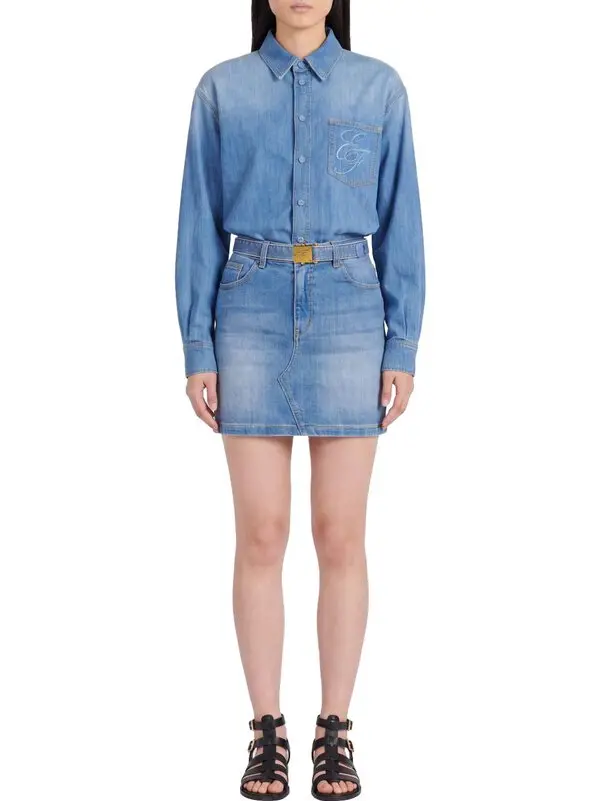 Elisabetta Franchi Stretch Denim Mini Shirtdress With Embroidered Logo - Blue