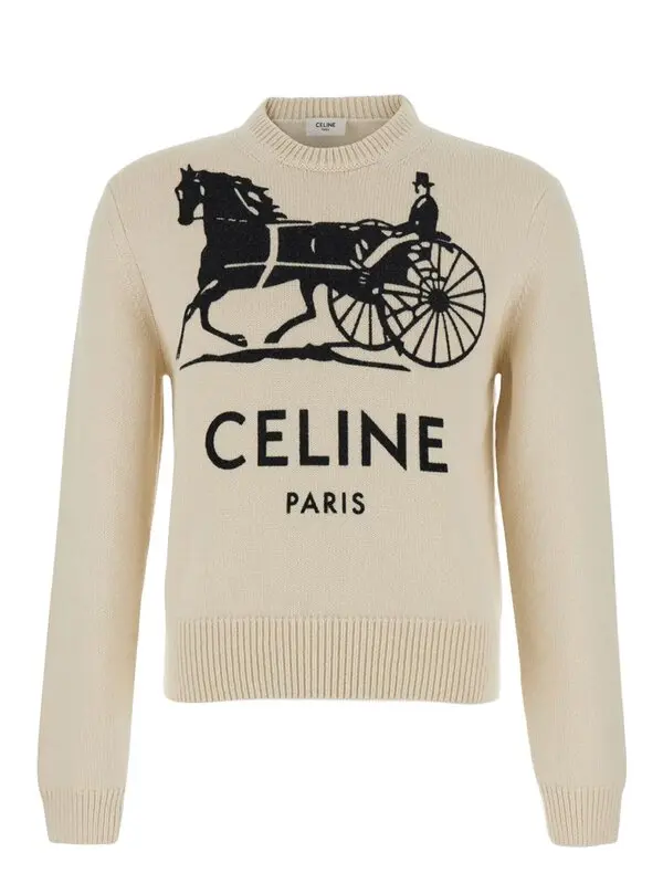Celine Horse And Carriage Graphic Knit Sweater - White